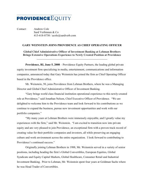 Gary Weinstein Joins Providence as COO - Providence Equity ...