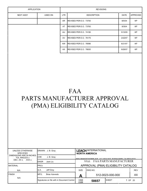faa parts manufacturer approval (pma) eligibility catalog - Esterline