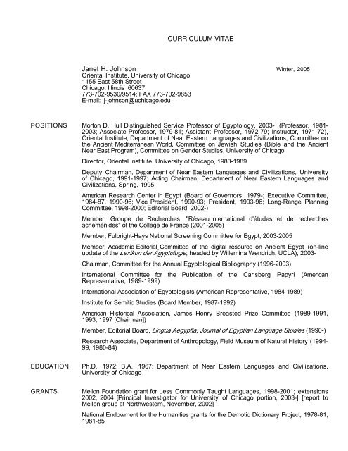 CURRICULUM VITAE Janet H. Johnson - Division of the Humanities ...