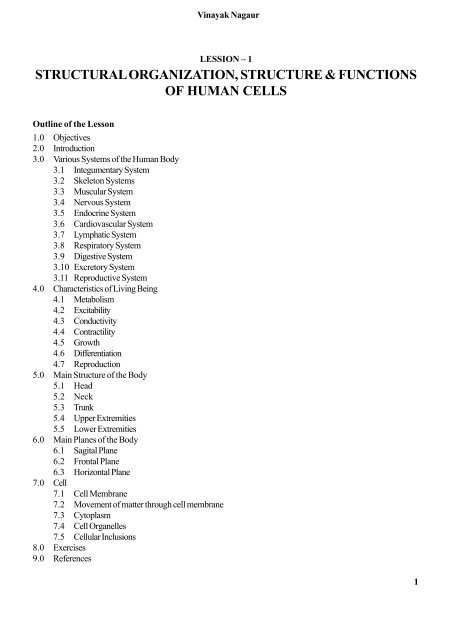 structural organization, structure & functions of human cells