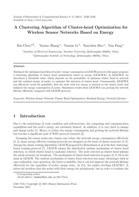 A Clustering Algorithm Of Cluster Head Optimization For Wireless 