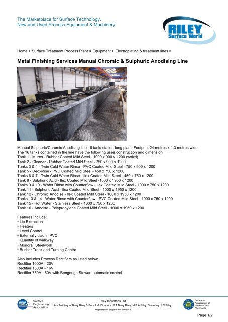 Manual Chromic & Sulphuric Anodising Line - Riley Surface ...