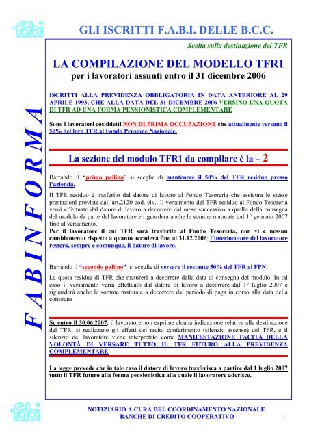 TFR - istruzioni per la compilazione del modello TFR1 - Fabi