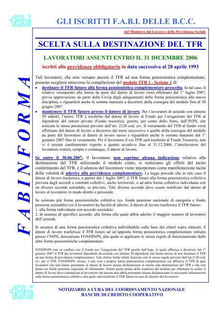 MinLavoro - Istruzioni per la compilazione del modulo TFR1 - Fabi