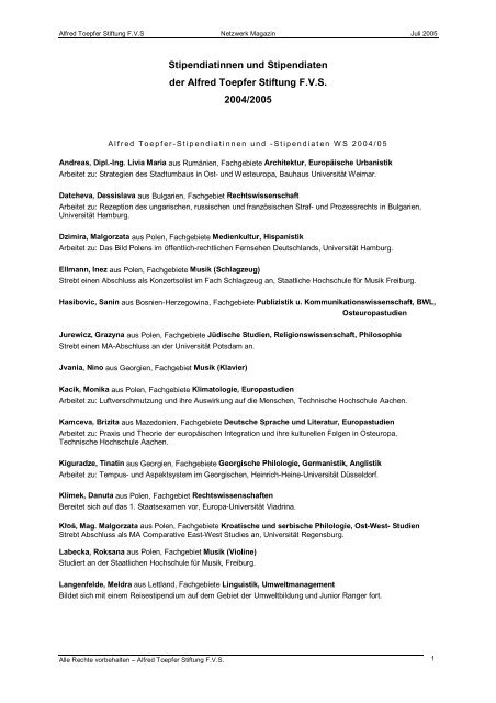 Stipendiatinnen und Stipendiaten der Alfred Toepfer Stiftung F.V.S.