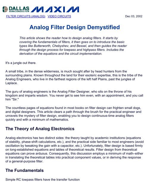Analog Filter Design Demystified