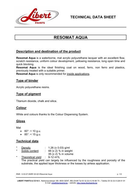 technical data sheet resomat aqua - Libert Paints