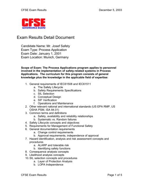 Sample CFSE Exam Results Report