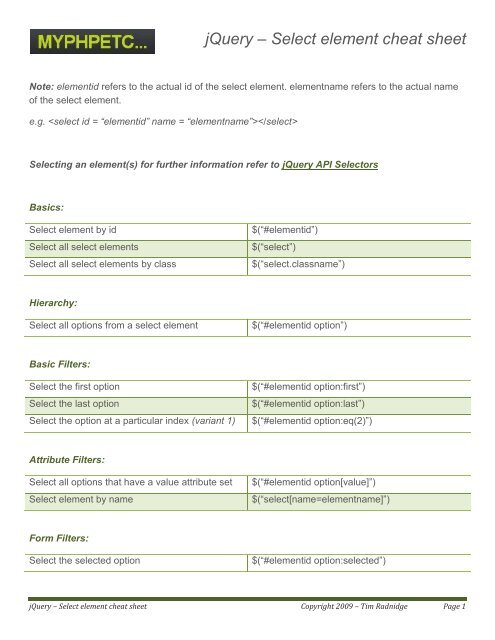 JQuery Select Element Sheet PDF Awardspace
