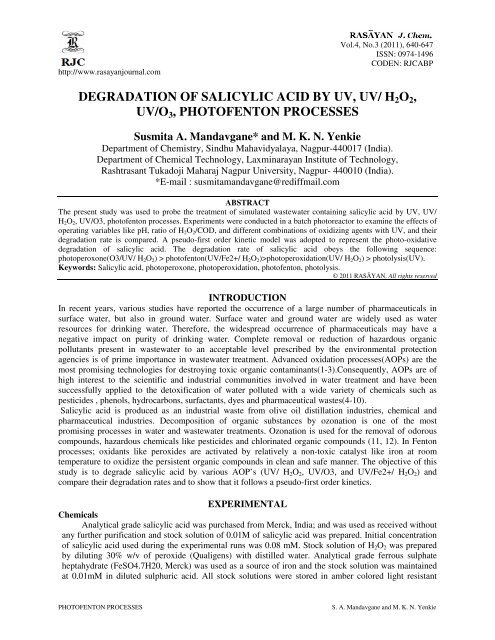 degradation of salicylic acid by uv, uv - Rasayan journal of chemistry