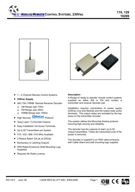 119, 129 10209 KEELOQ REMOTE CONTROL SYSTEMS, 230Vac