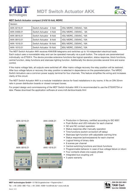 Datasheet MDT Switch Actuators compact AKK MDRC