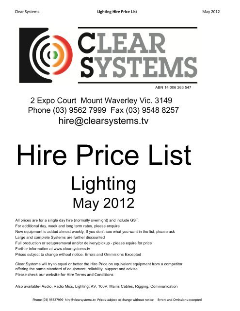 Lighting Price List. - Clear Systems