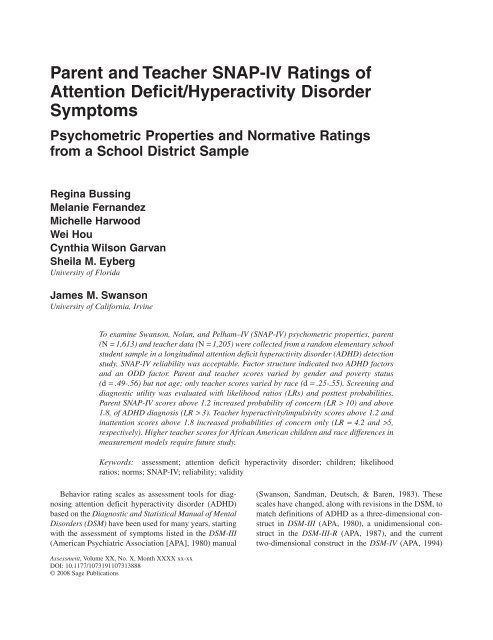 Parent and Teacher SNAP-IV Ratings of Attention Deficit ...