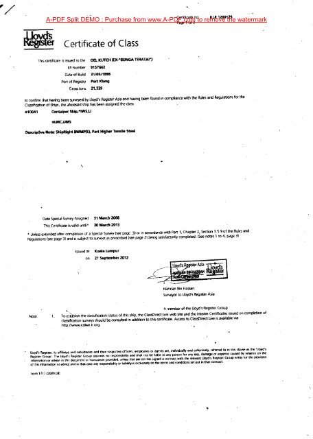 Certificate of Class - APL