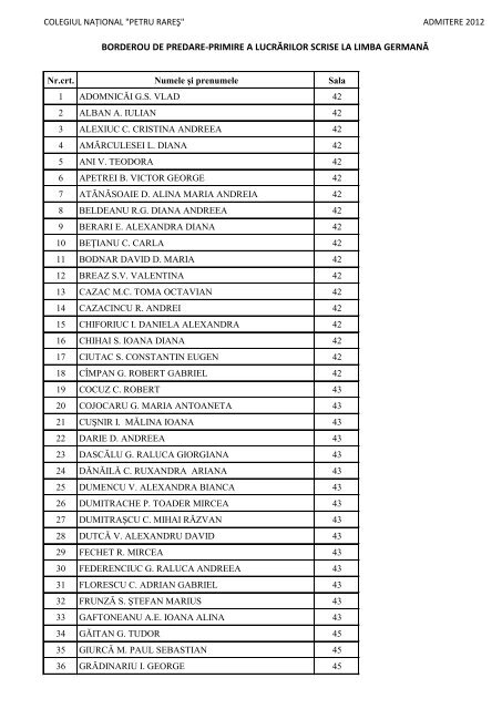 borderou de predare-primire a lucrărilor scrise la limba germană