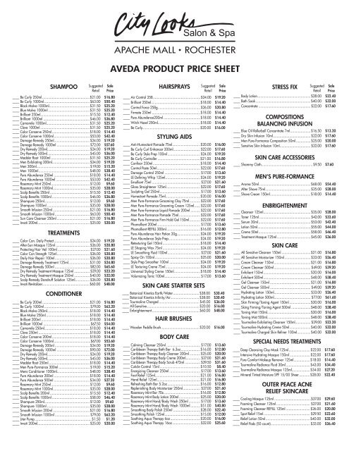 city looks price sheet aveda 2013 - City Looks Salon
