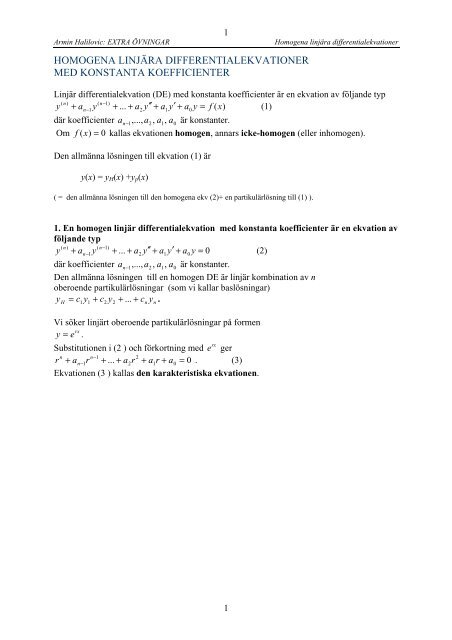 HOMOGENA LINJÄRA DIFFERENTIALEKVATIONER MED KONSTANTA KOEFFICIENTER