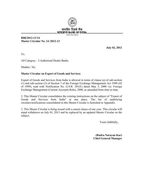 Master Circular On Export Of Goods And Services No 14 2012 13 