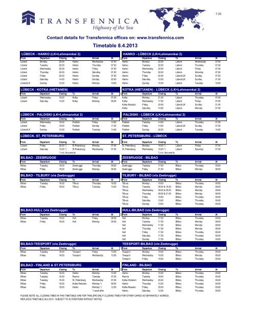 General timetable printout - Transfennica
