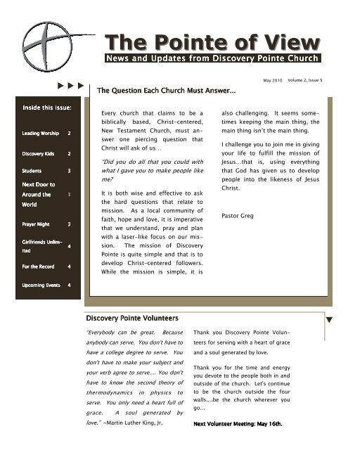 Newsletter May 2010 - Discovery Pointe Church