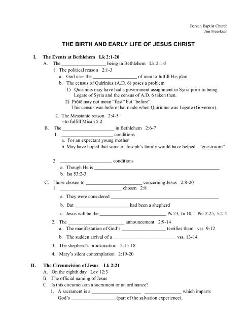 the birth and early life of jesus christ - Berean Baptist Church