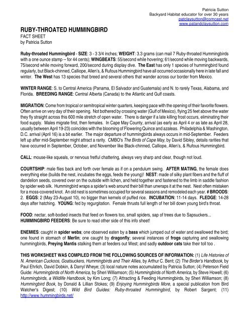 Pat Sutton's Hummingbird Fact Sheet