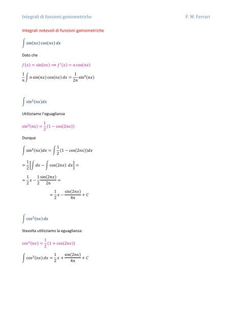 Integrali di funzioni goniometriche
