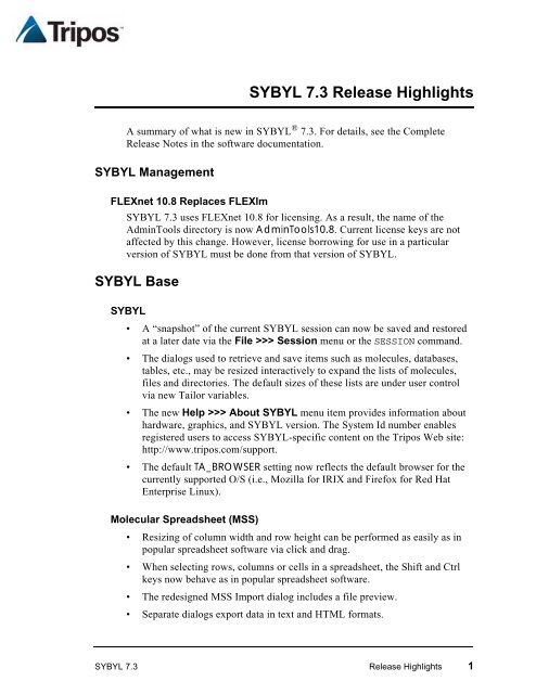 SYBYL 7.3 Release Highlights - Tripos