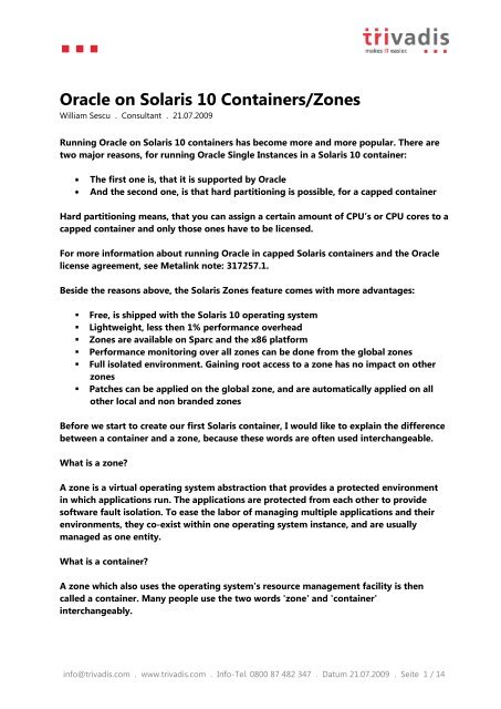 Oracle on Solaris 10 Containers/Zones - Trivadis