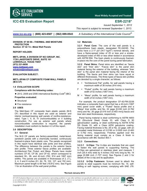 ESR-2218 - Metl-Span a Division of NCI Group Inc. - ICC-ES