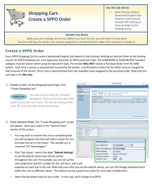 Shopping Cart: Create a SPPO Order - Shared Services Home Page