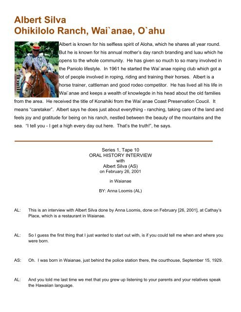 Albert Silva Ohikilolo Ranch, Wai`anae, O`ahu