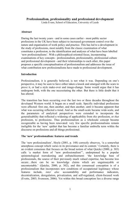 Professionalism, professionality and professional development