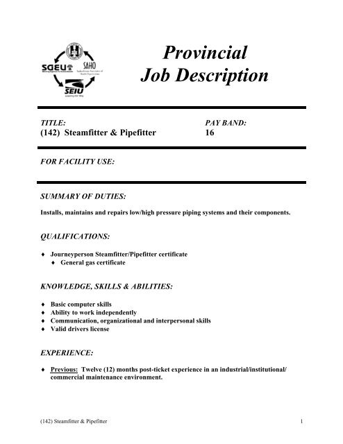 142 JD Steamfitter-Pipefitter - Joint Job Evaluation