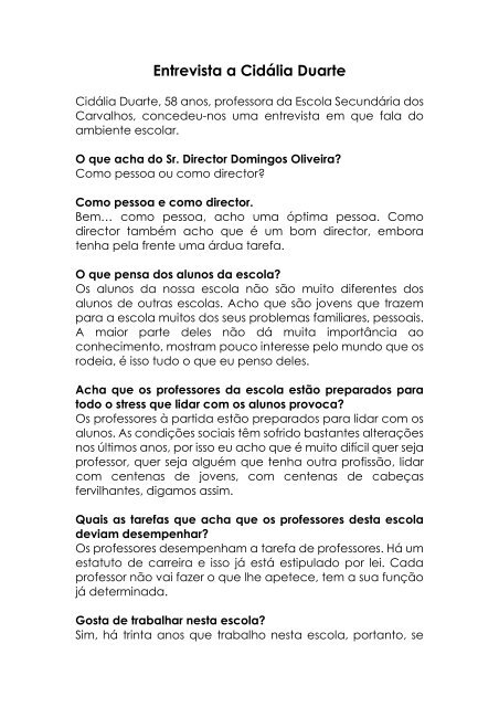 Entrevista a Cidália Duarte - Escola ES/3 de Carvalhos