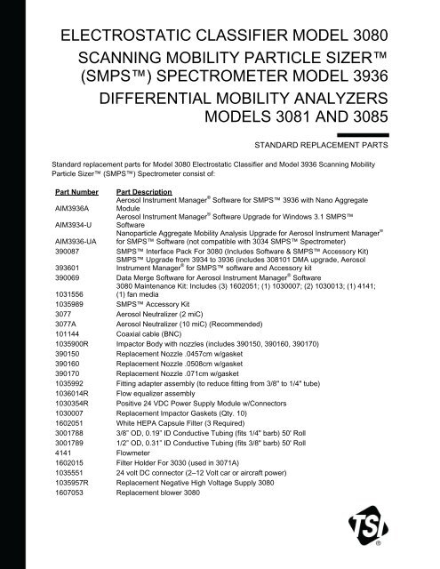 Standard Replacement Parts - Electrostatic Classifier Model ... - TSI