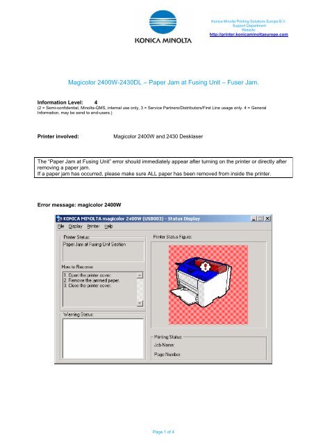 Paper Jam at Fusing Unit - Konica Minolta