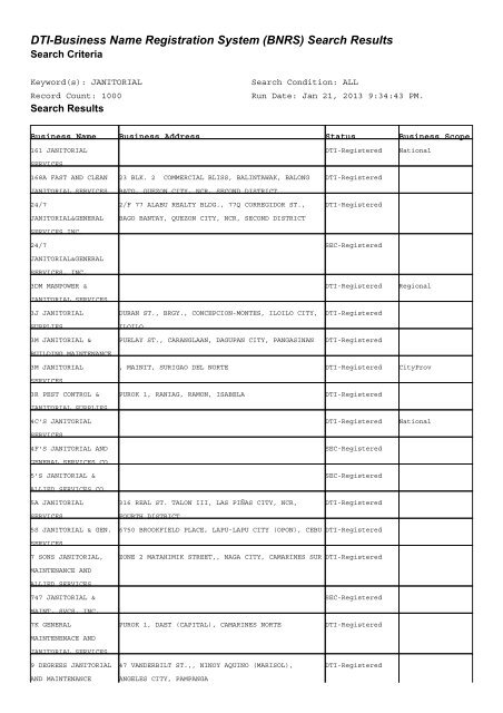DTI-Business Name Registration System (BNRS) Search Results