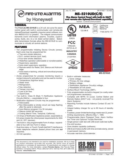 Data Sheet df-51492 - Fire-Lite Alarms