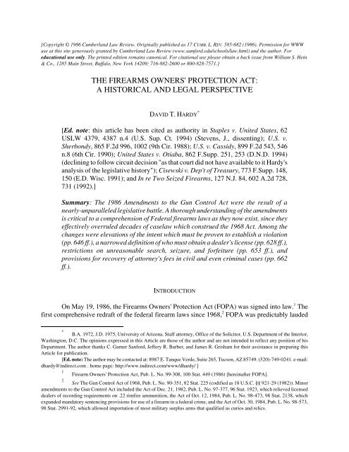 THE FIREARMS OWNERS' PROTECTION ACT: A HISTORICAL ...
