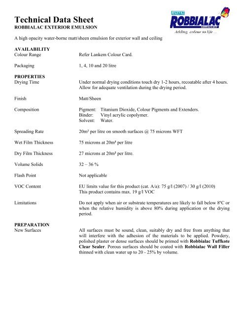 TDS Exterior Emulsion - Lankem ROBBIALAC