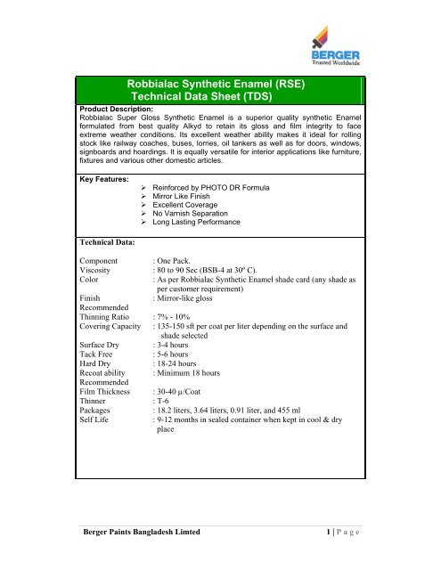 Robbialac Synthetic Enamel (RSE) Technical Data Sheet (TDS)