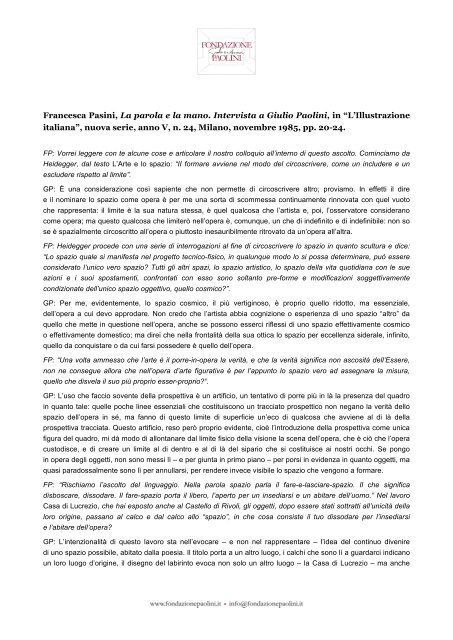 Francesca Pasini, La parola e la mano. Intervista a Giulio Paolini, in ...