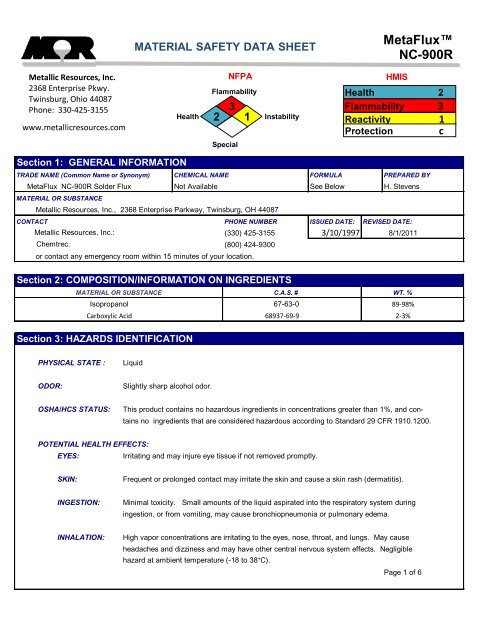MetaFlux NC-900R msds - Metallic Resources, Inc.