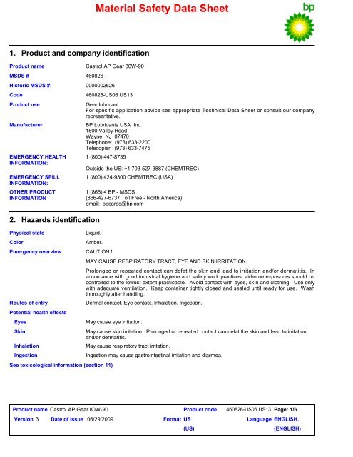 Material Safety Data Sheet - 80w90 , pdf , 94KB - Castrol