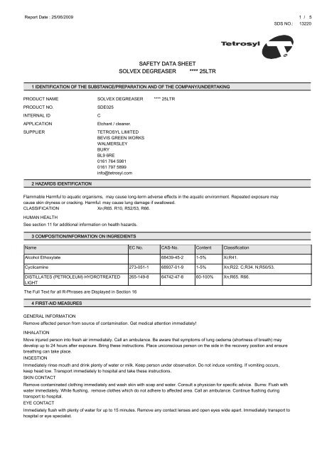 SAFETY DATA SHEET SOLVEX DEGREASER **** 25LTR