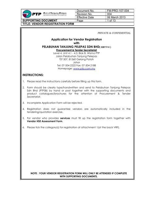 Vendors Registration Form - Pelabuhan Tanjung Pelepas Sdn Bhd.