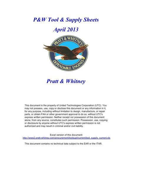 P&W Tool & Supply Sheets April 2013 Pratt & Whitney