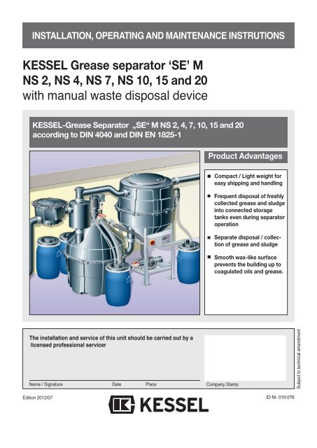 KESSEL Grease separator 'SE' M NS 2, NS 4, NS 7, NS 10, 15 and ...